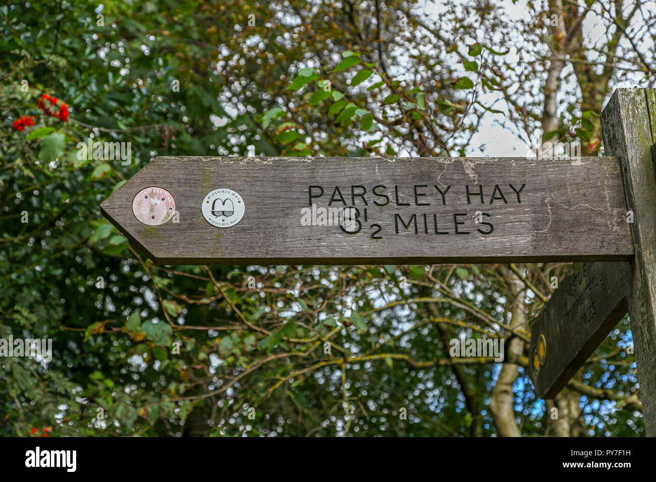 A wooden sign post saying Parsley Hay 81/2 miles, on the High Peak ...