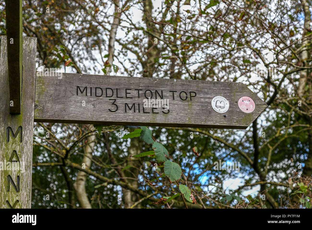A wooden sign post saying Middleton Top 3 miles, on the High Peak Trail ...