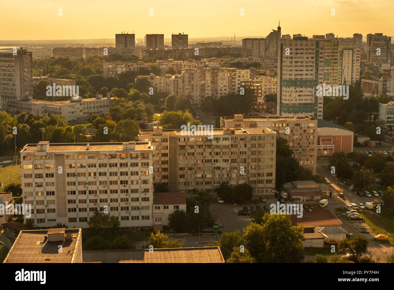 Bulgaria,Burgas. Aerial view of the communist era residential block s ...