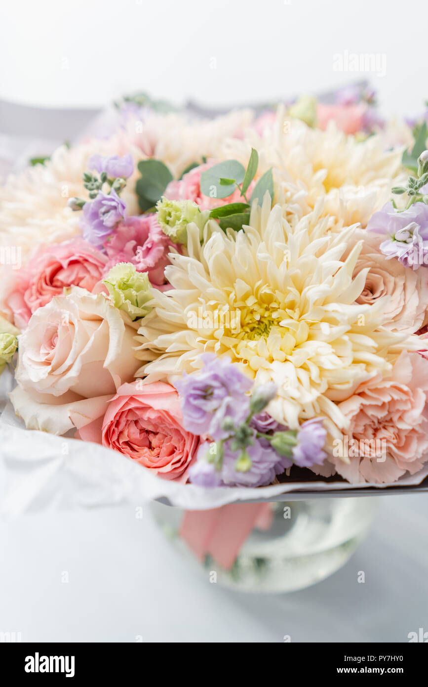 Beautiful spring bouquet in glass vase. Arrangement with various ...