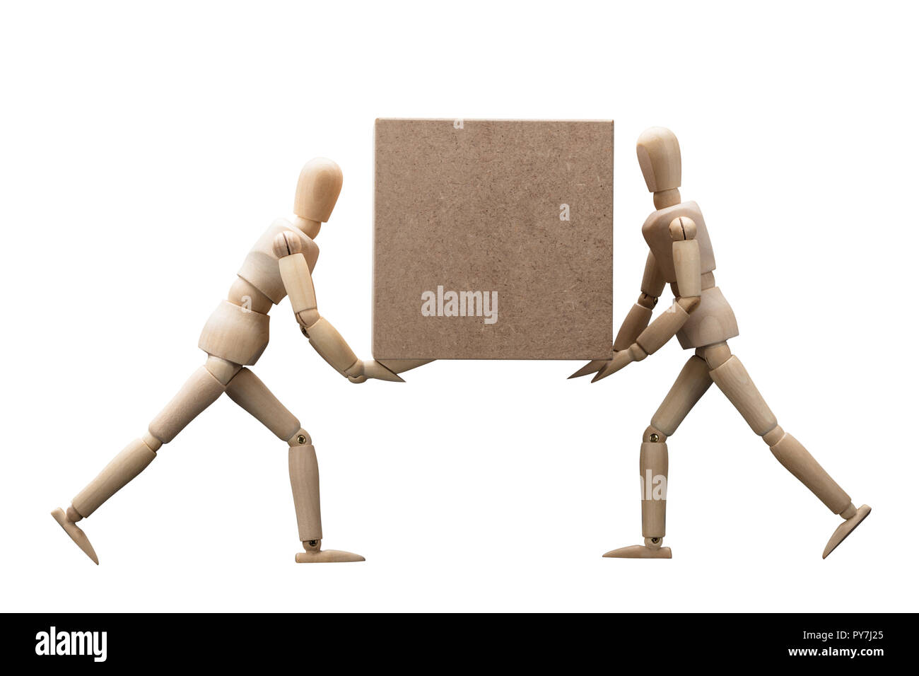 Wooden Dummy Carrying Cardboard Box Isolated On White Background Stock ...
