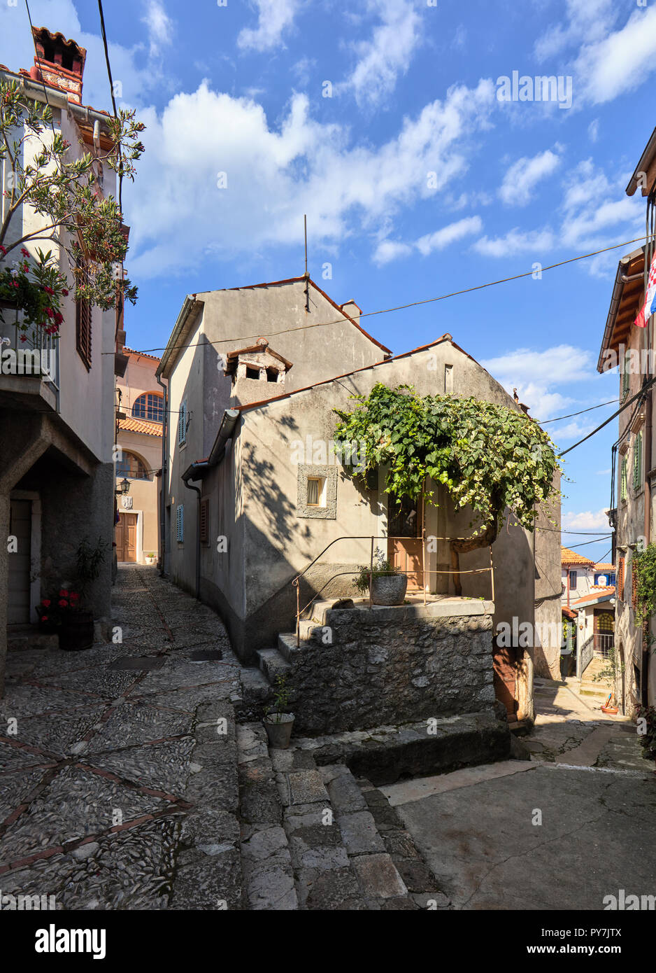 Inside the old roman-style church village of Moscenice, in Istria ...