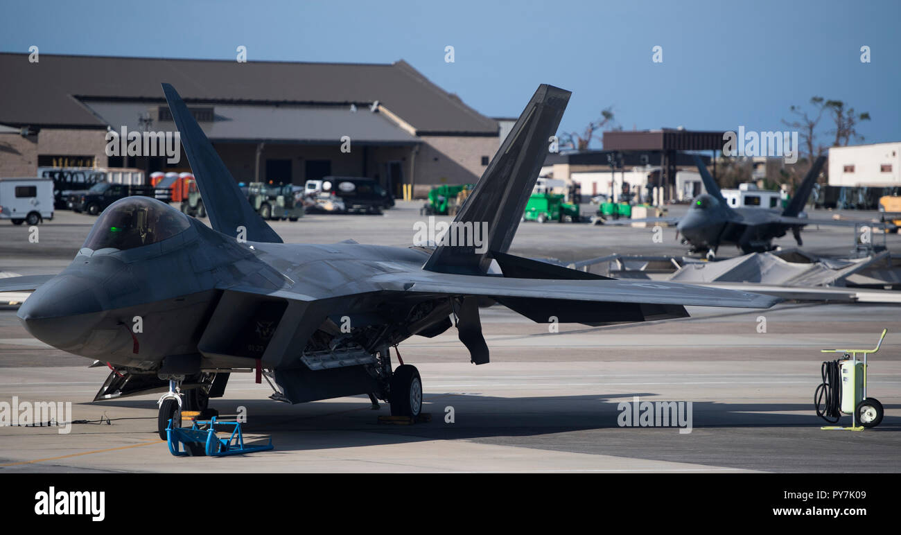 An F-22 Raptor parks on the runway at Tyndall Air Force Base, Florida ...