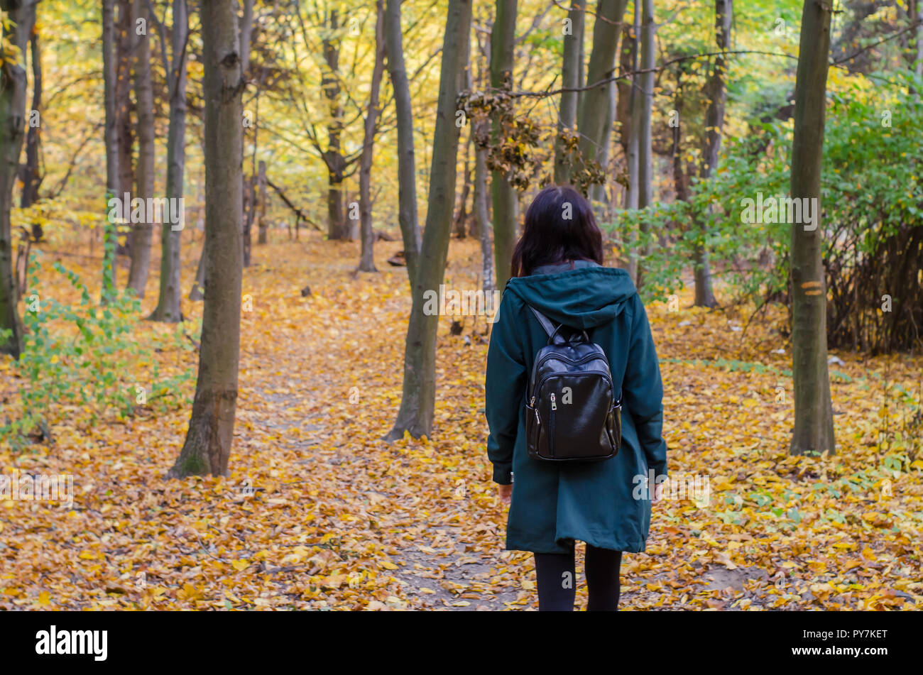 Girl in a green cloak with backpack walks in the yellow autumn forest ...