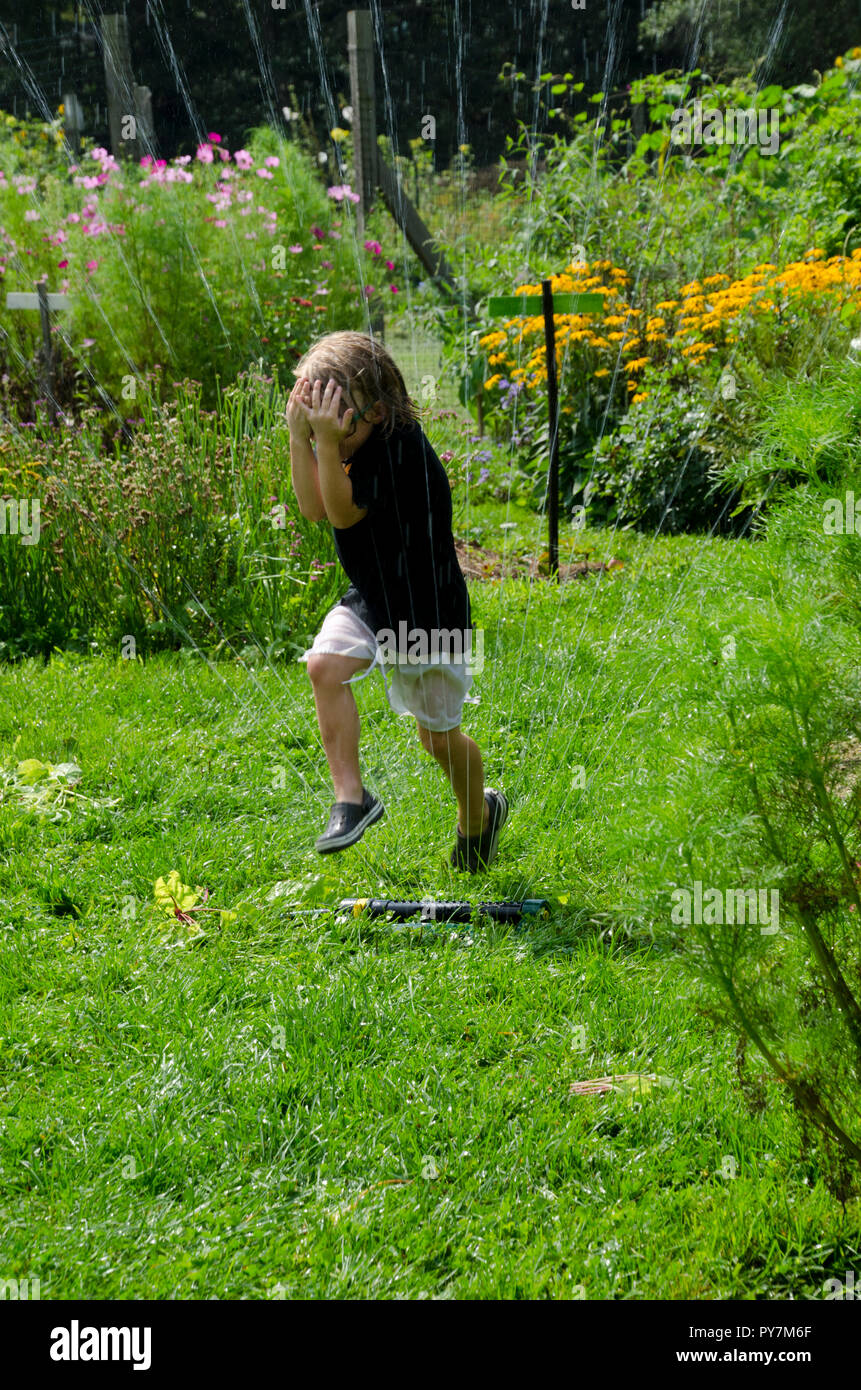 Kids running through sprinkler hi-res stock photography and images - Alamy