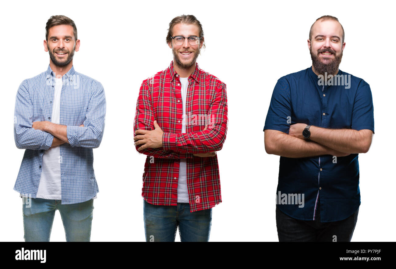 Collage of group of young men over white isolated background happy face ...