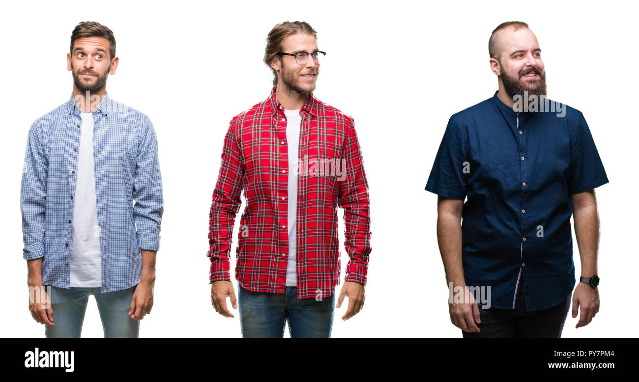 Collage of group of young men over white isolated background smiling ...