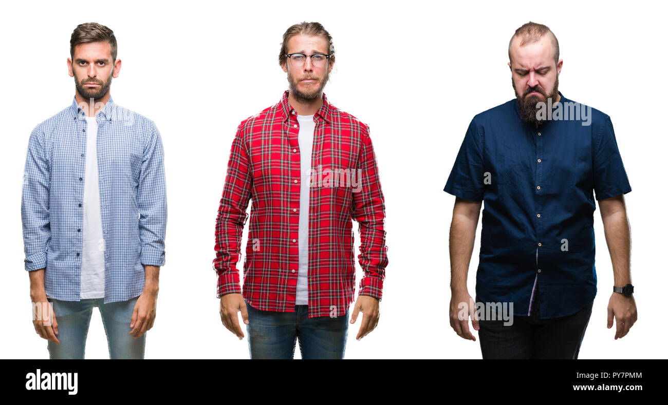 Collage of group of young men over white isolated background depressed ...