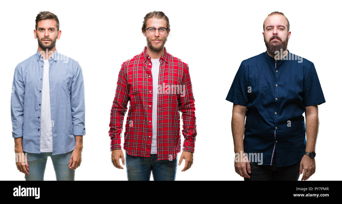 Collage of group of young men over white isolated background with ...
