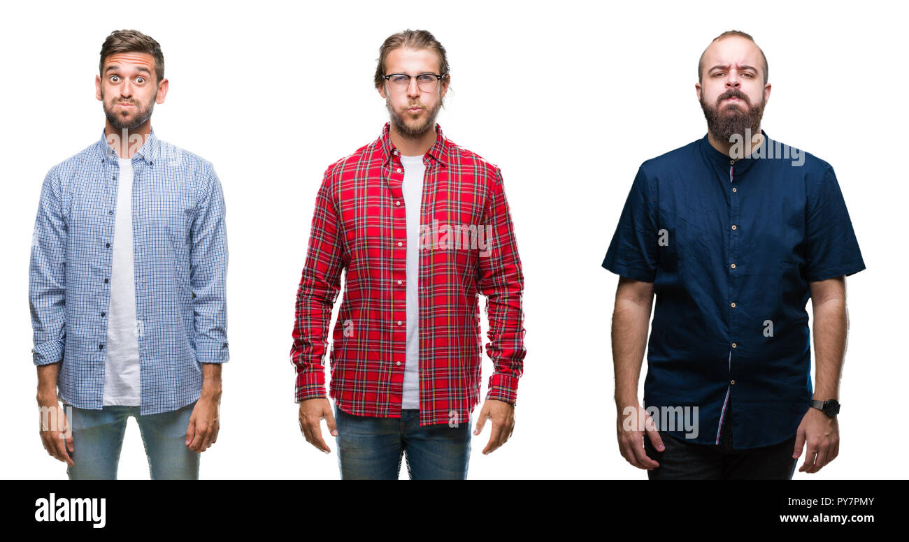 Collage of group of young men over white isolated background puffing ...
