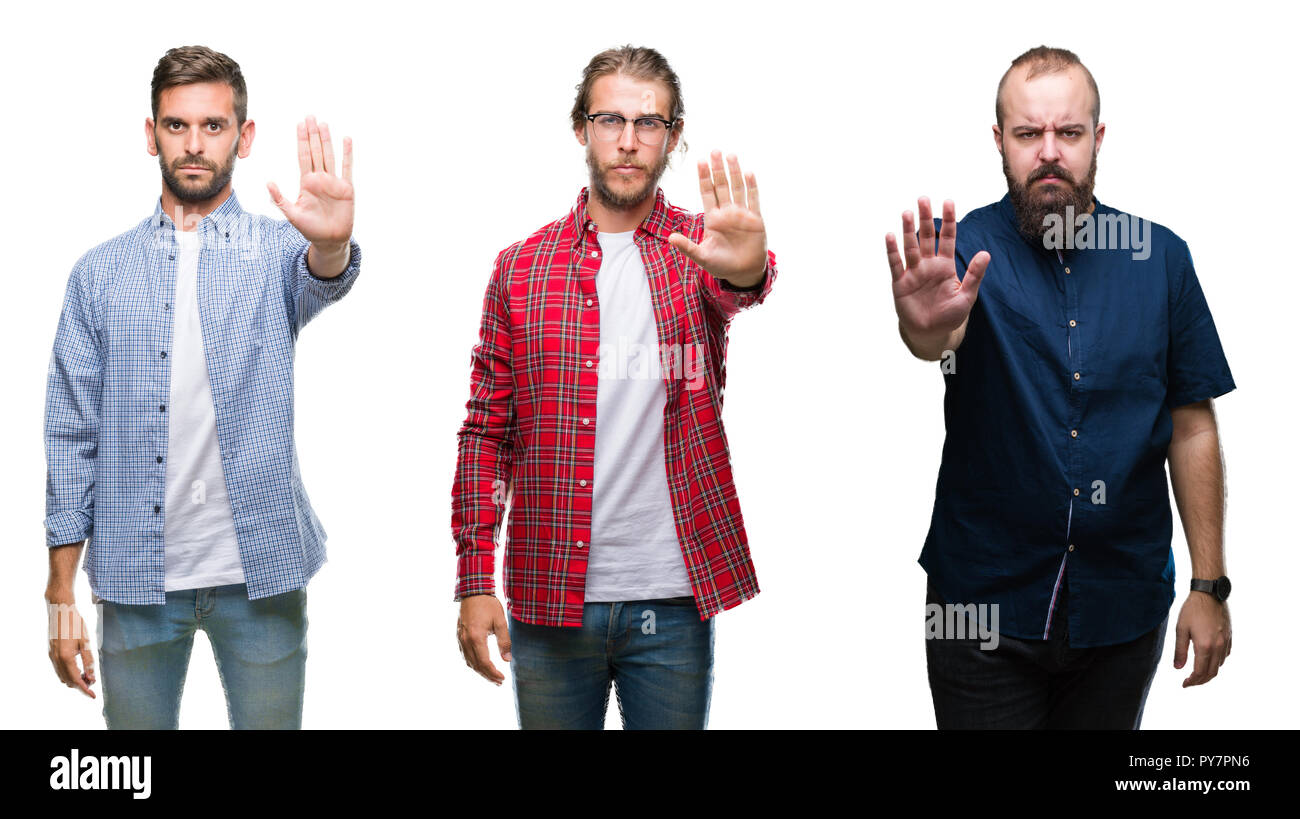 Collage of group of young men over white isolated background doing stop ...