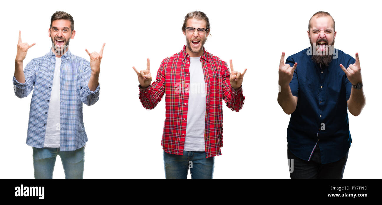 Collage of group of young men over white isolated background shouting ...