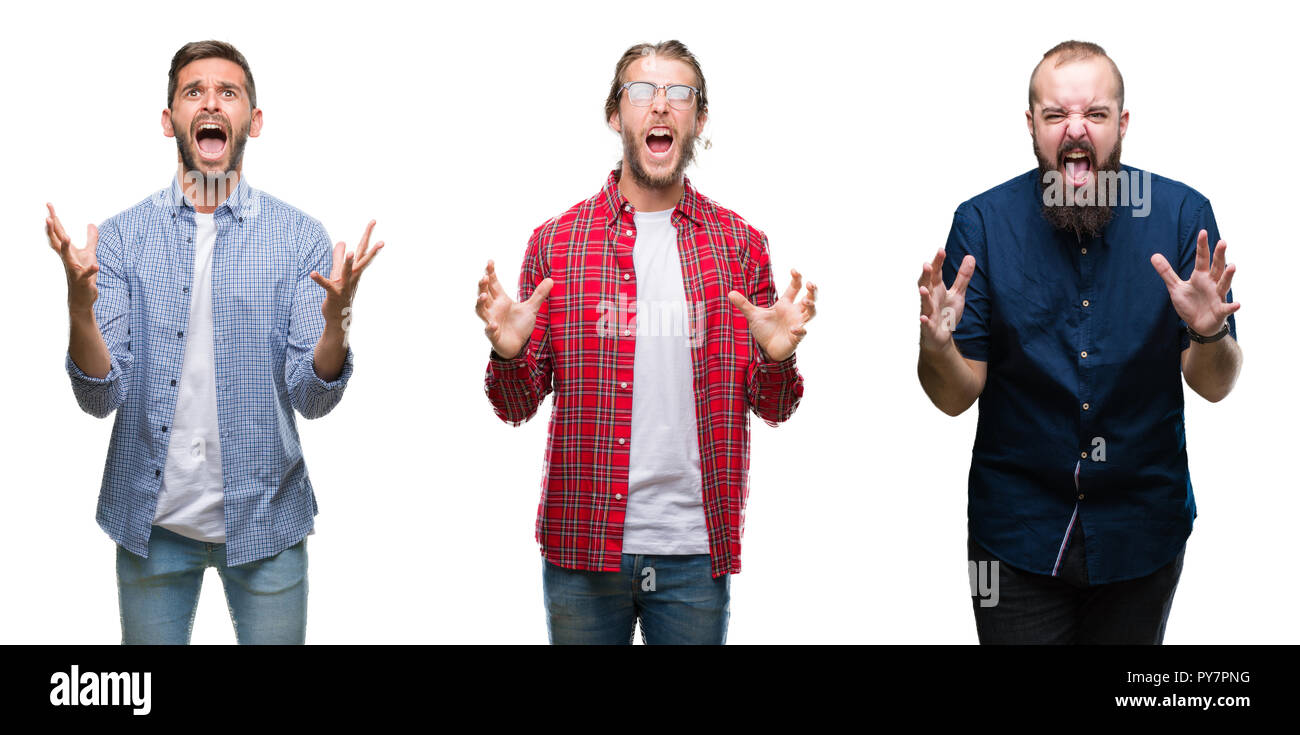 Collage of group of young men over white isolated background crazy and ...