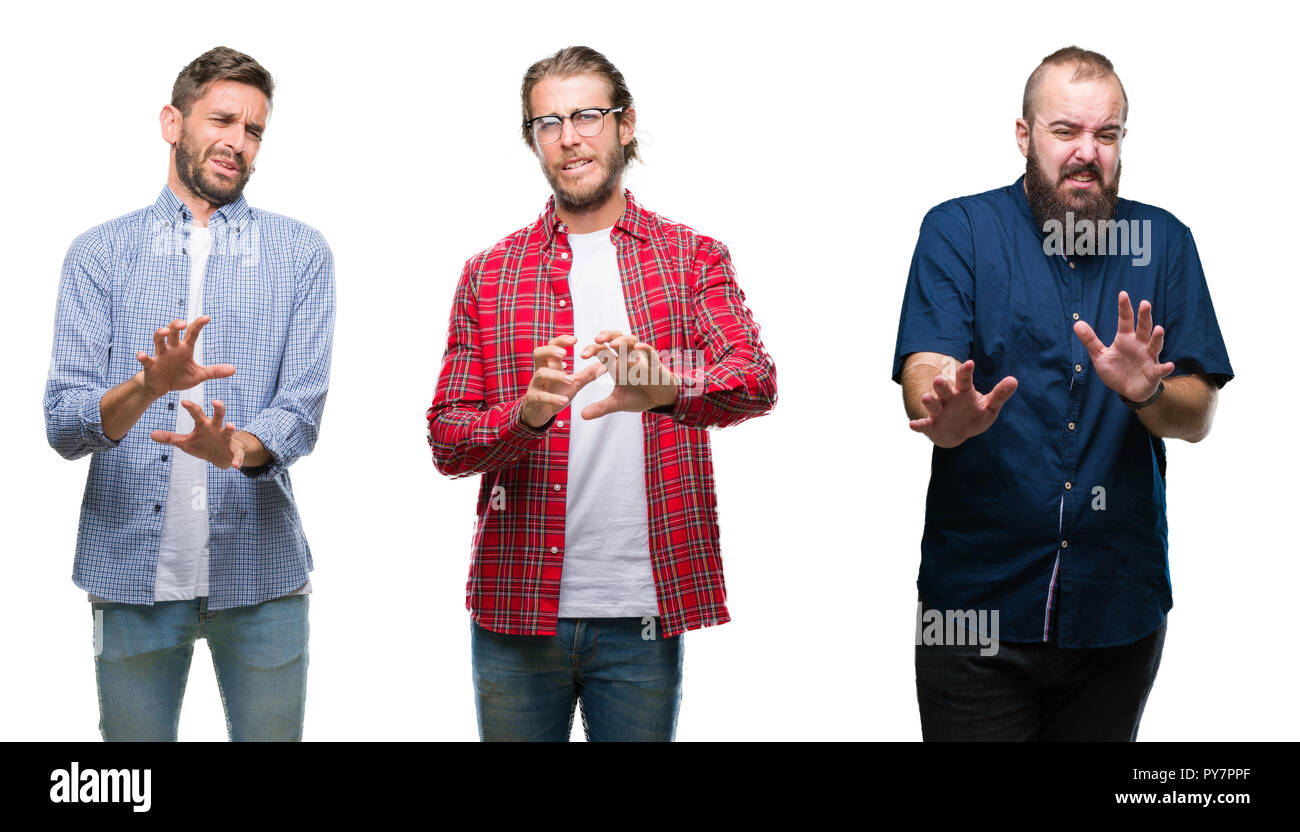 Collage of group of young men over white isolated background disgusted ...