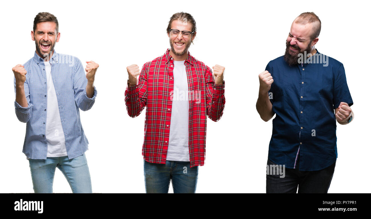 Collage of group of young men over white isolated background very happy ...