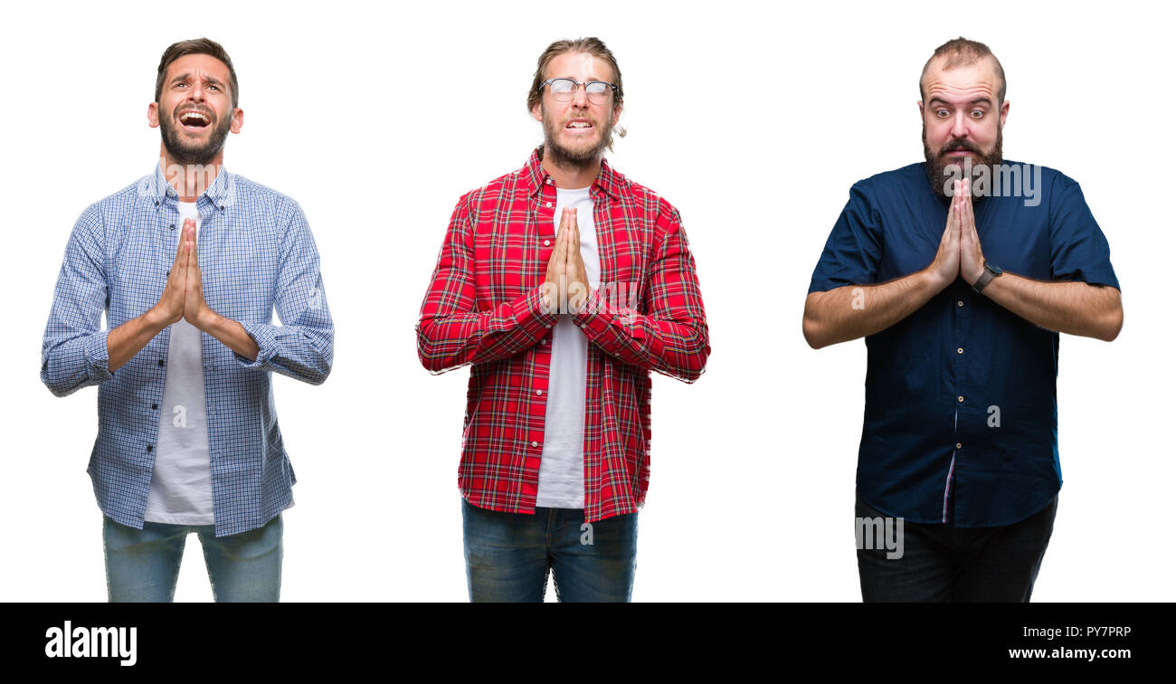 Collage of group of young men over white isolated background begging ...