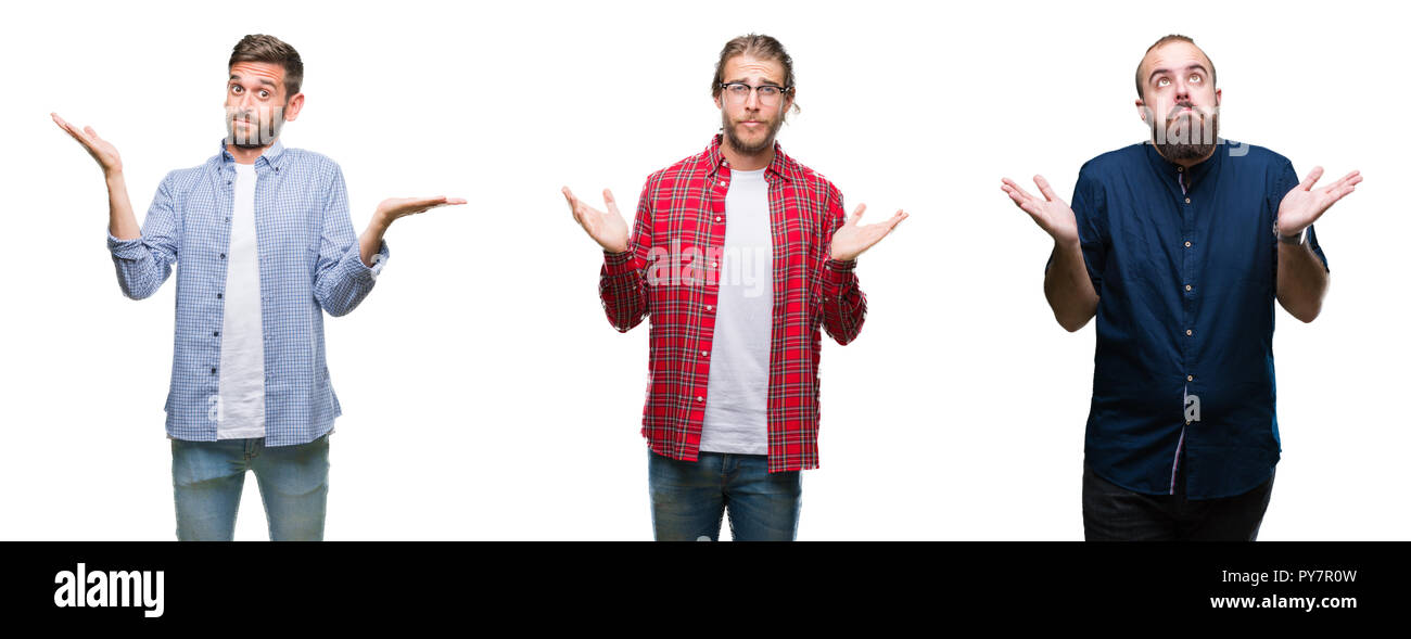 Collage of group of young men over white isolated background clueless ...