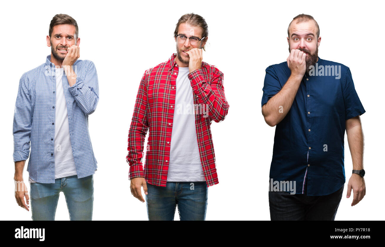 Collage of group of young men over white isolated background looking ...