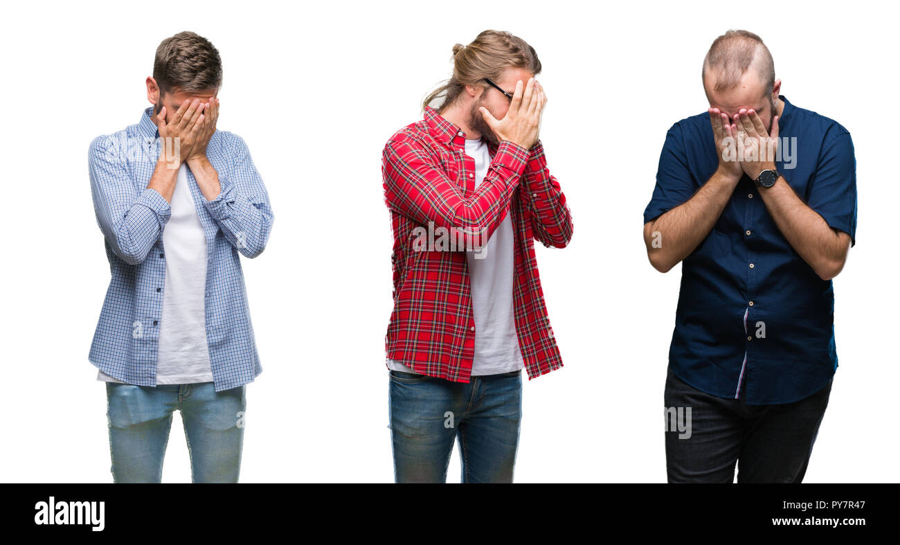 Collage of group of young men over white isolated background with sad ...