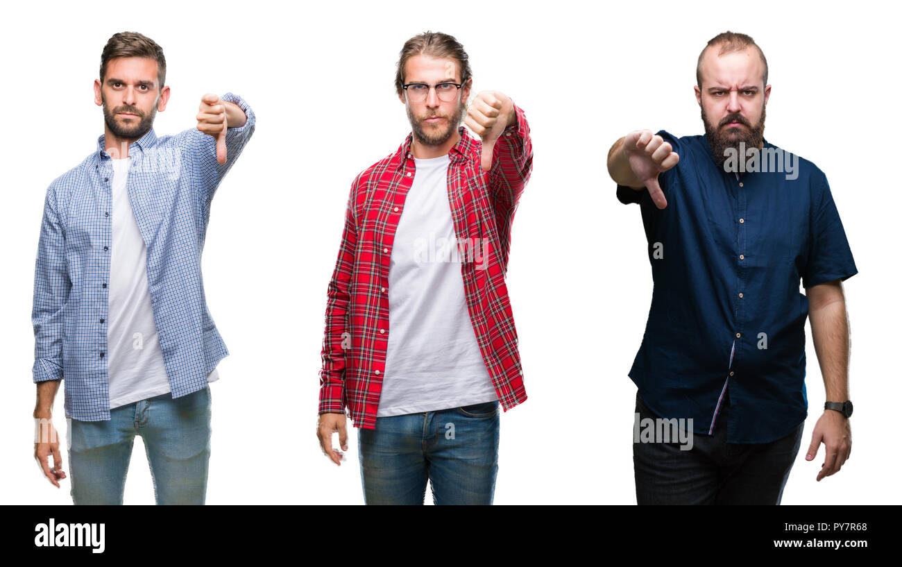 Collage of group of young men over white isolated background looking ...