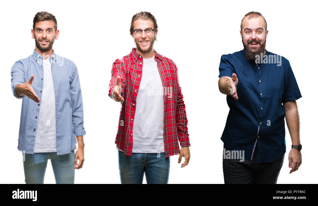 Collage of group of young men over white isolated background smiling ...
