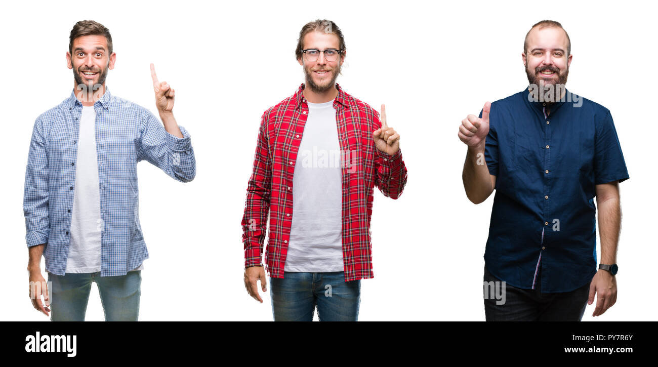 Collage of group of young men over white isolated background showing ...