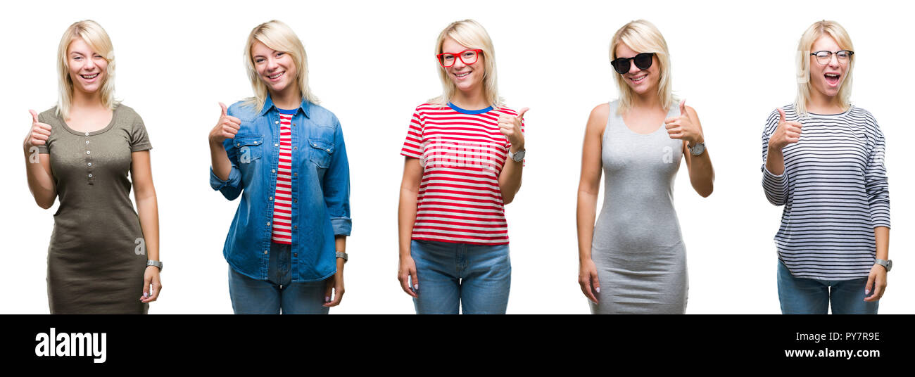 Collage of beautiful blonde woman wearing differents looks over ...
