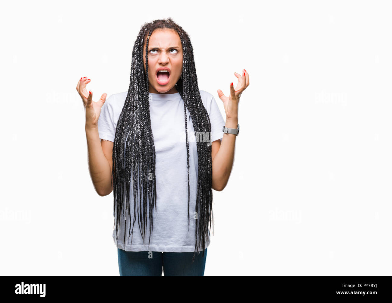 Young braided hair african american girl over isolated background crazy ...