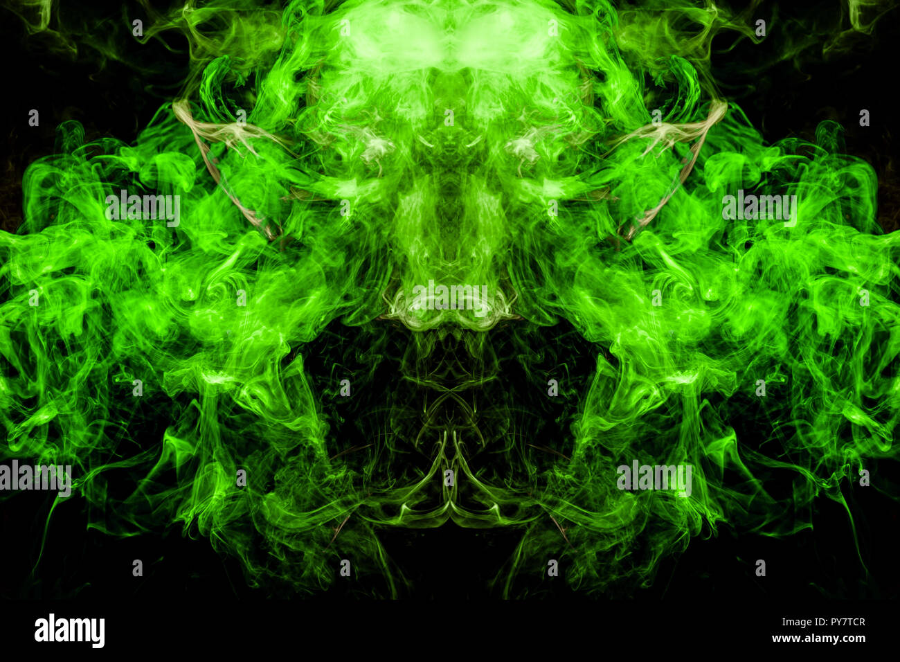 Thick colorful green smoke in the form of a skull, monster, dragon on a ...
