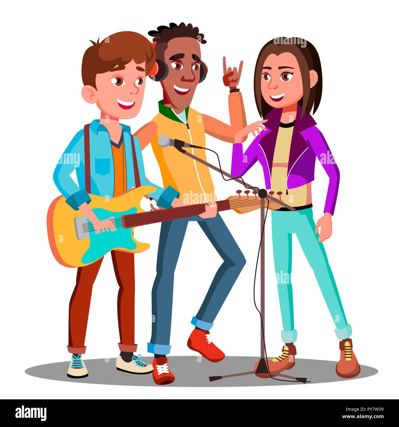 Teen Rock Band Playing Music On Guitar Vector. Isolated Illustration ...