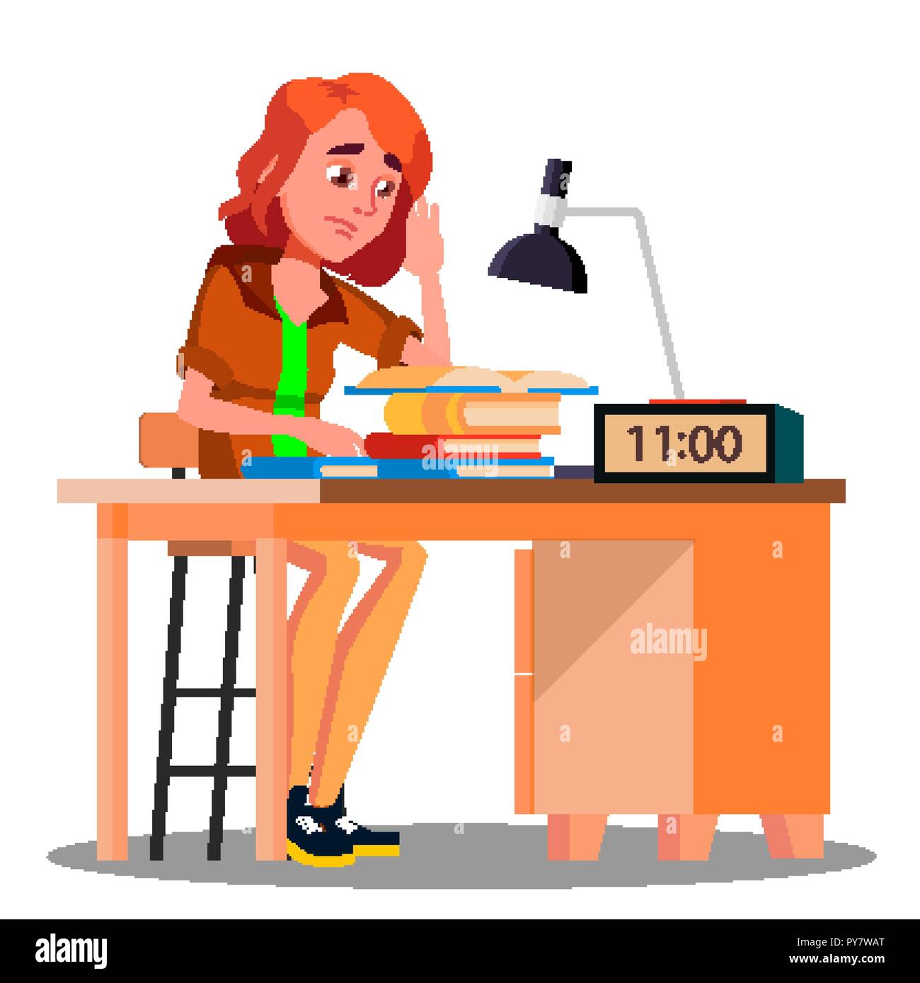 Tired Girl At The Table With Lamp And Book Vector. Isolated ...