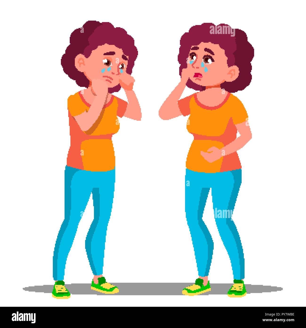 Crying Young Girl With Hands On Face Vector. Isolated Illustration ...