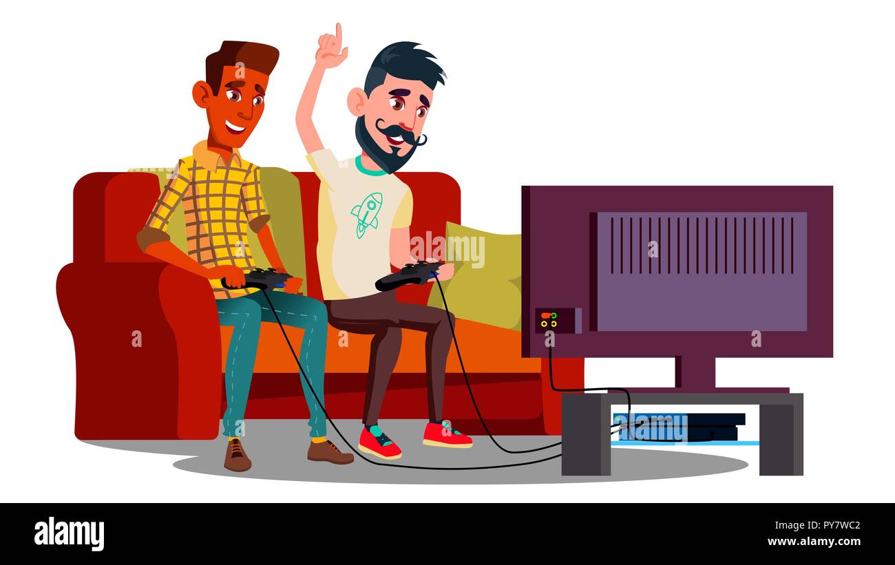 Group Of Teenage Friends Playing Video Games On The Couch Vector ...