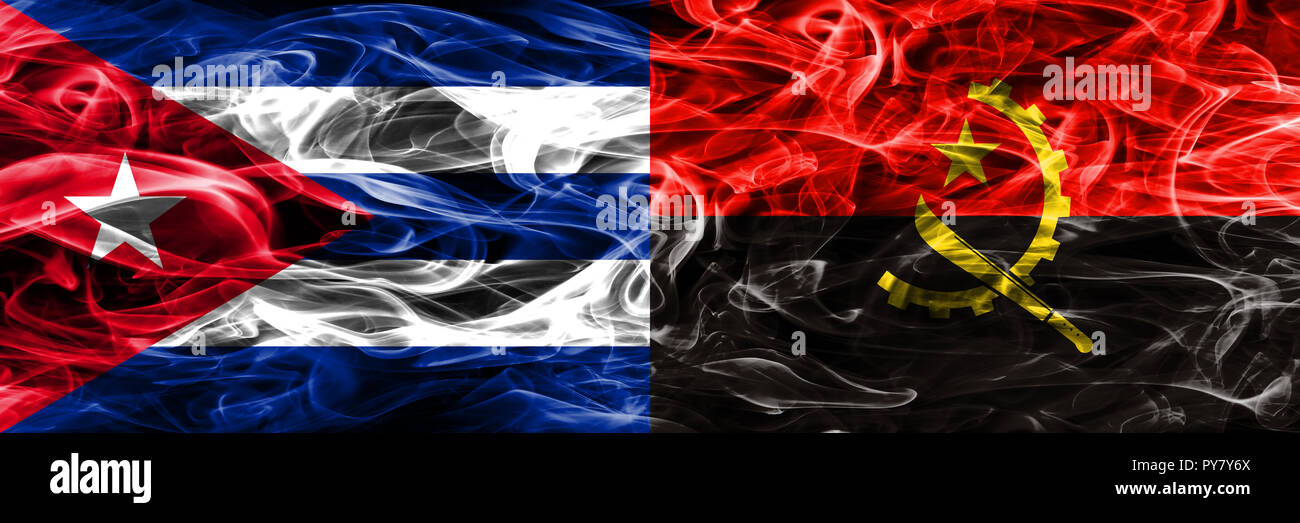Cuba, Cuban vs Angola, Angolan smoke flags placed side by side. Concept ...