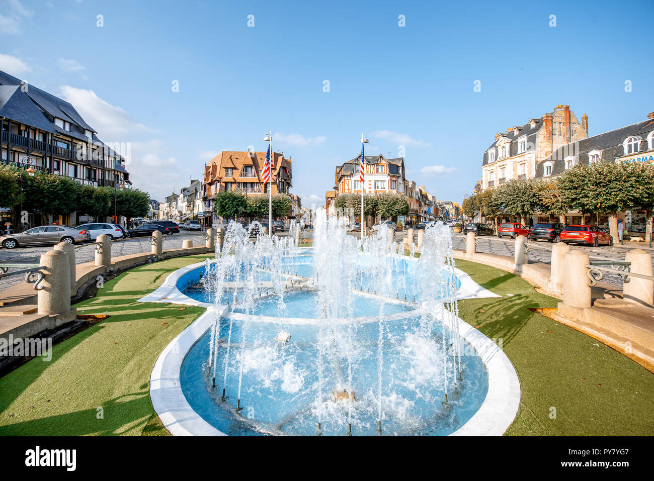 DEAUVILLE, FRANCE - September 06, 2017: Central fountain on the road ...