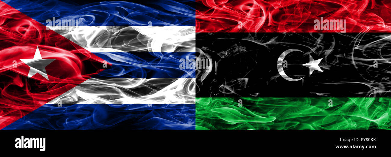Cuba, Cuban vs Libya, Libyan smoke flags placed side by side. Concept ...