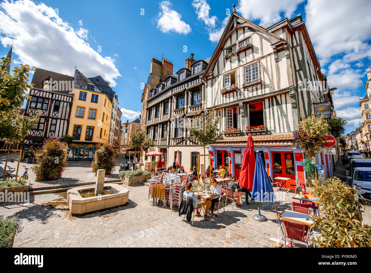 ROUEN, FRANCE - September 07, 2017: Street view with beautiful half ...
