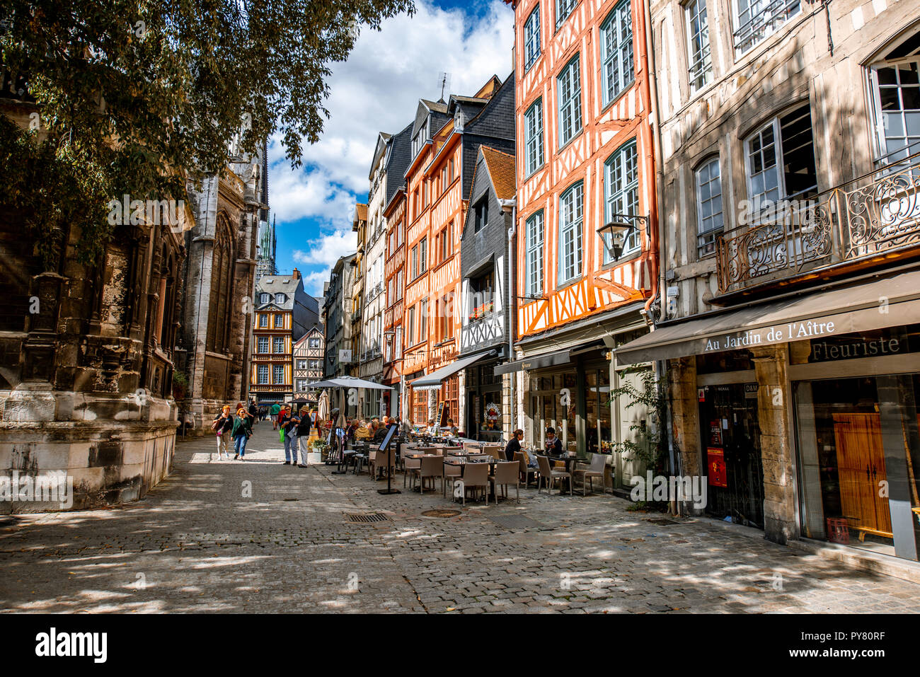 ROUEN, FRANCE - September 07, 2017: Street view with beautiful half ...