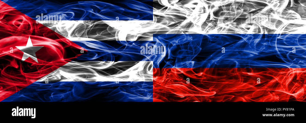 Cuba, Cuban vs Russia, Russian smoke flags placed side by side. Concept ...