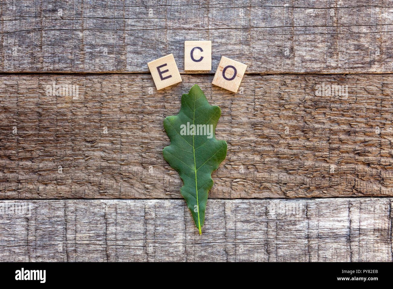Inscription ECO letters word and oak leaf on old rustic wooden backdrop ...