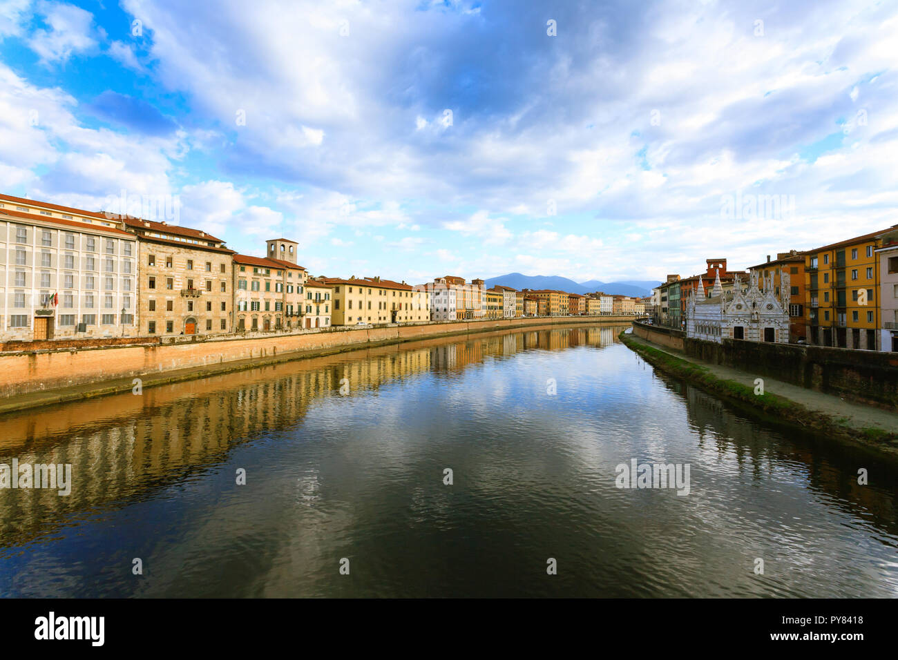 Pisa view. Buildings along Arno river. Italian landmark, Tuscany Stock ...