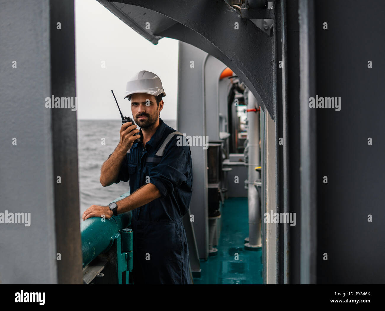 Marine Deck Officer or Chief mate on deck of vessel or ship Stock Photo ...