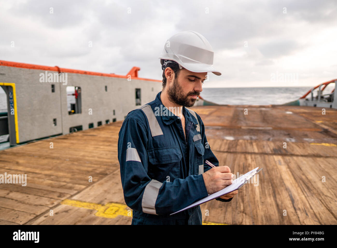 Marine Deck Officer or Chief mate on deck of vessel or ship Stock Photo ...