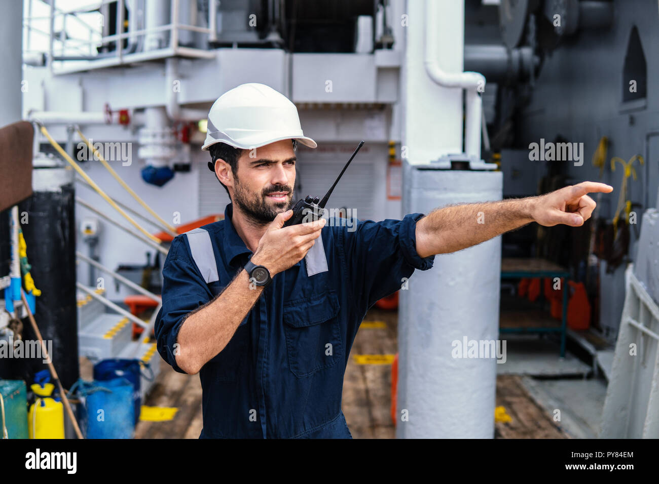 Marine Deck Officer or Chief mate on deck of vessel or ship Stock Photo ...