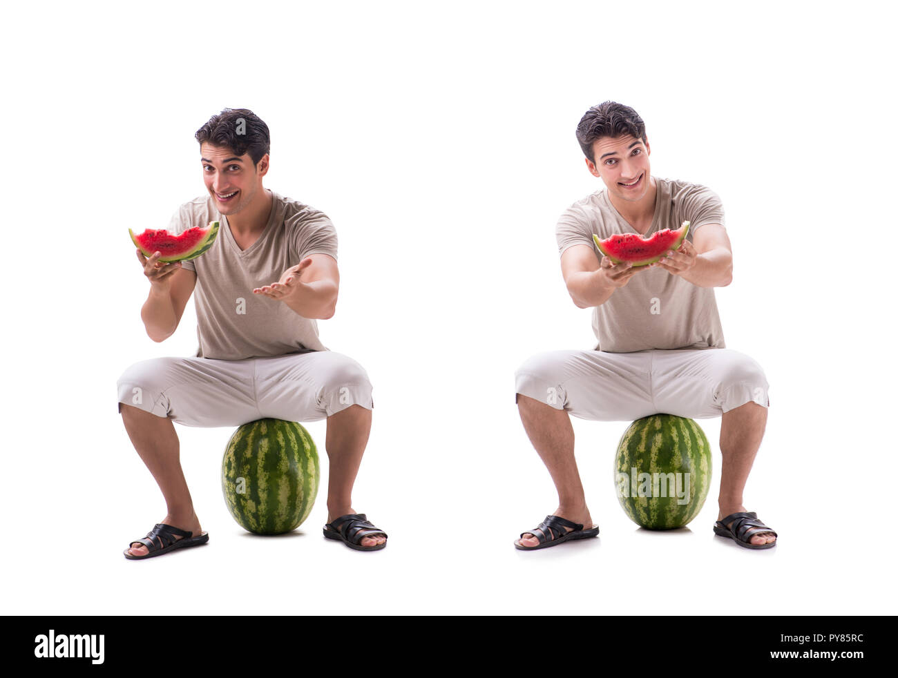Young man with watermelon isolated on white Stock Photo - Alamy