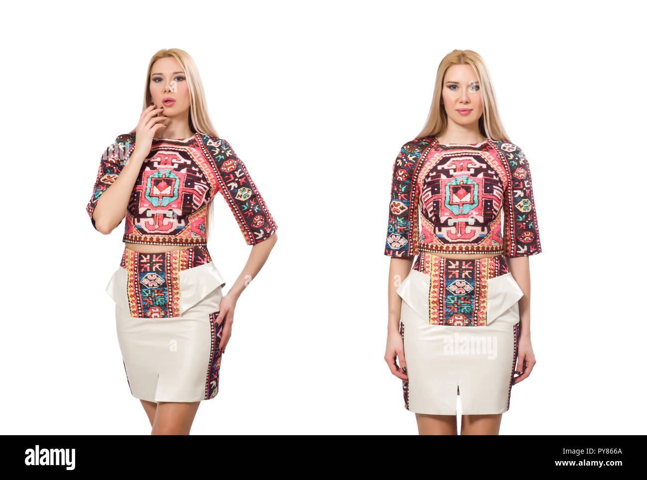 Pretty model in clothes with carpet prints isolated on white Stock ...