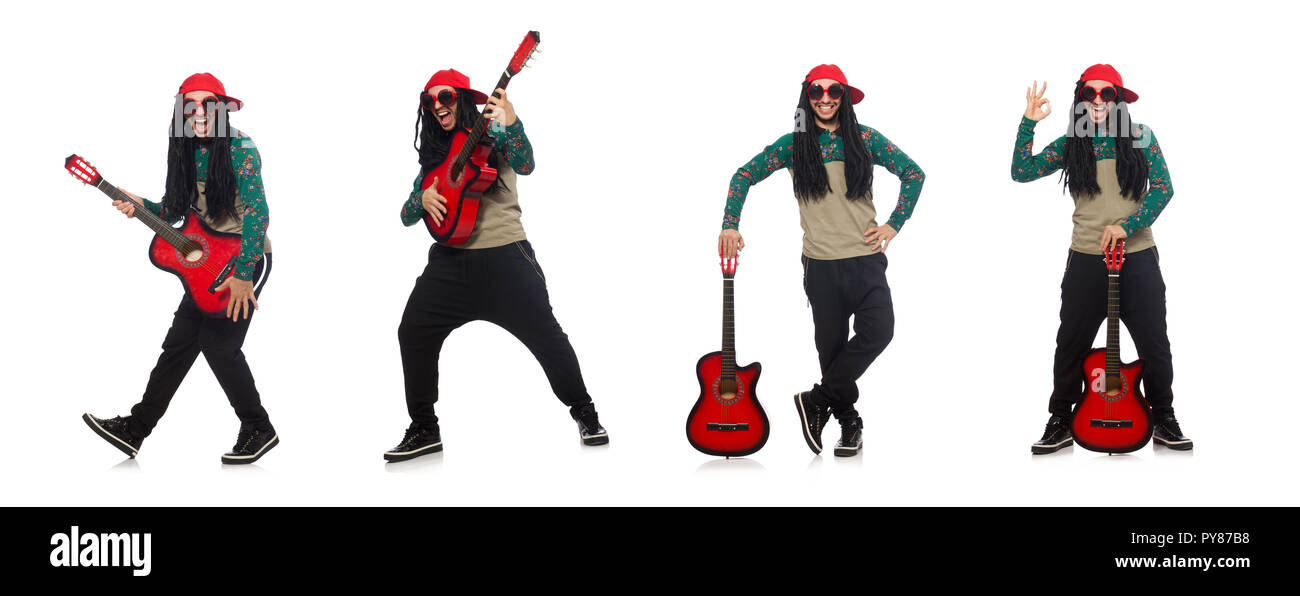 Man with guitar in musical concept on white Stock Photo - Alamy