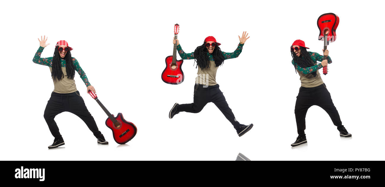 Man with guitar in musical concept on white Stock Photo - Alamy