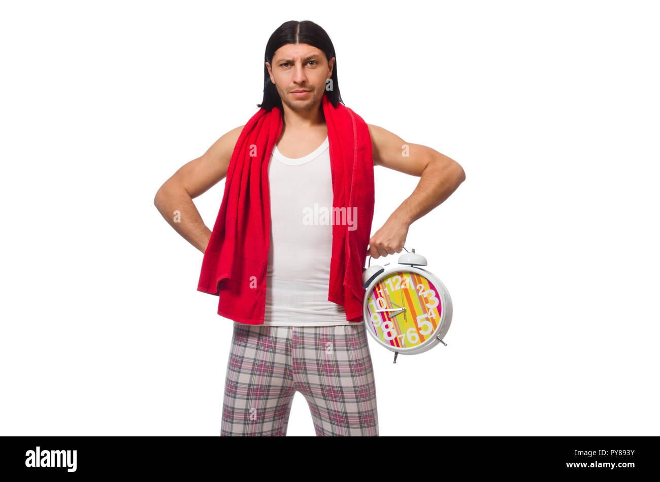 Funny man waking up in the morning on white Stock Photo - Alamy