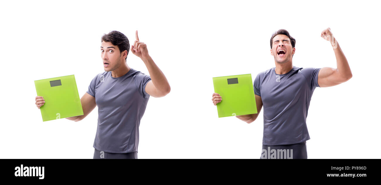 Man with scales in sports and health concept isolated on white Stock ...